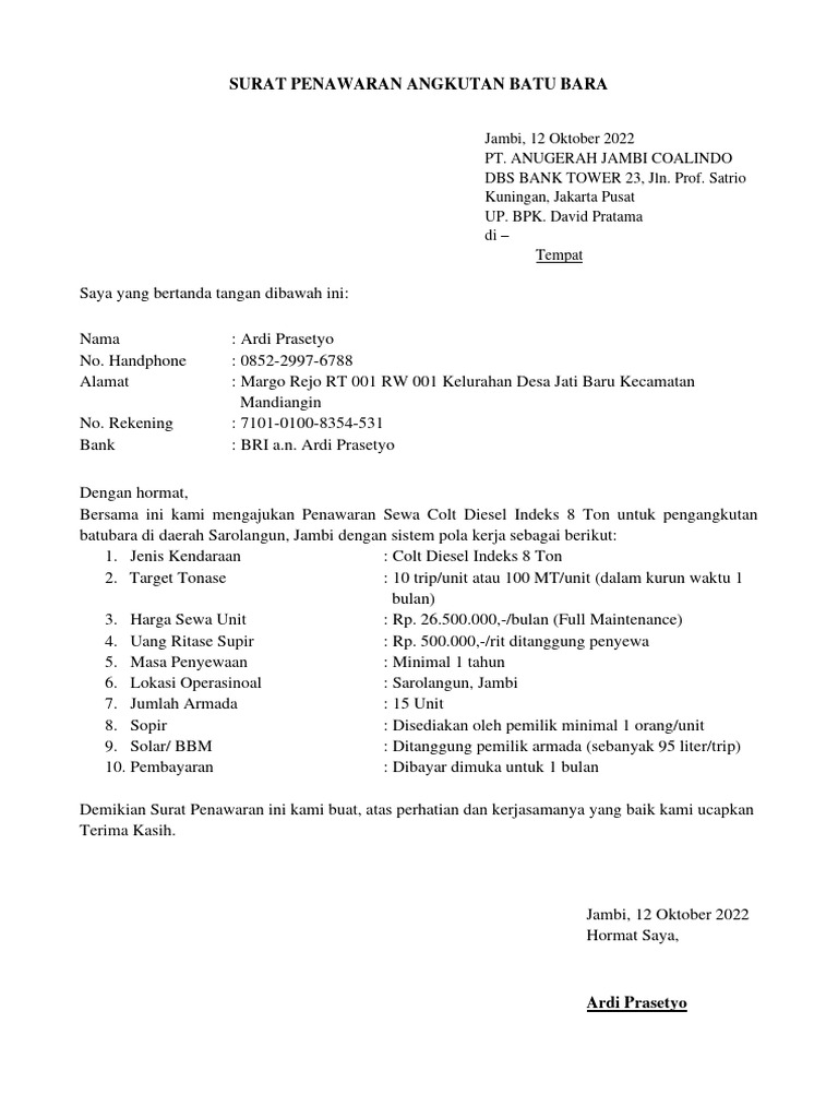 Surat Penawaran Pengangkutan Batu Bara | PDF