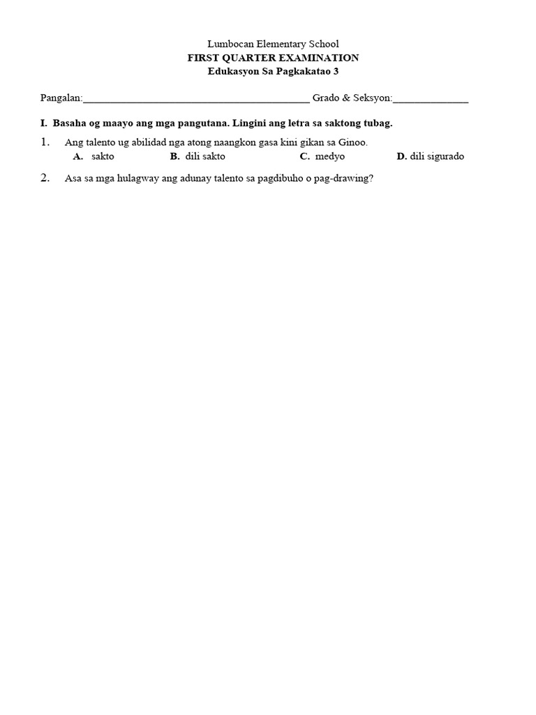 Grade 3 ESP First Quarter Examination | PDF