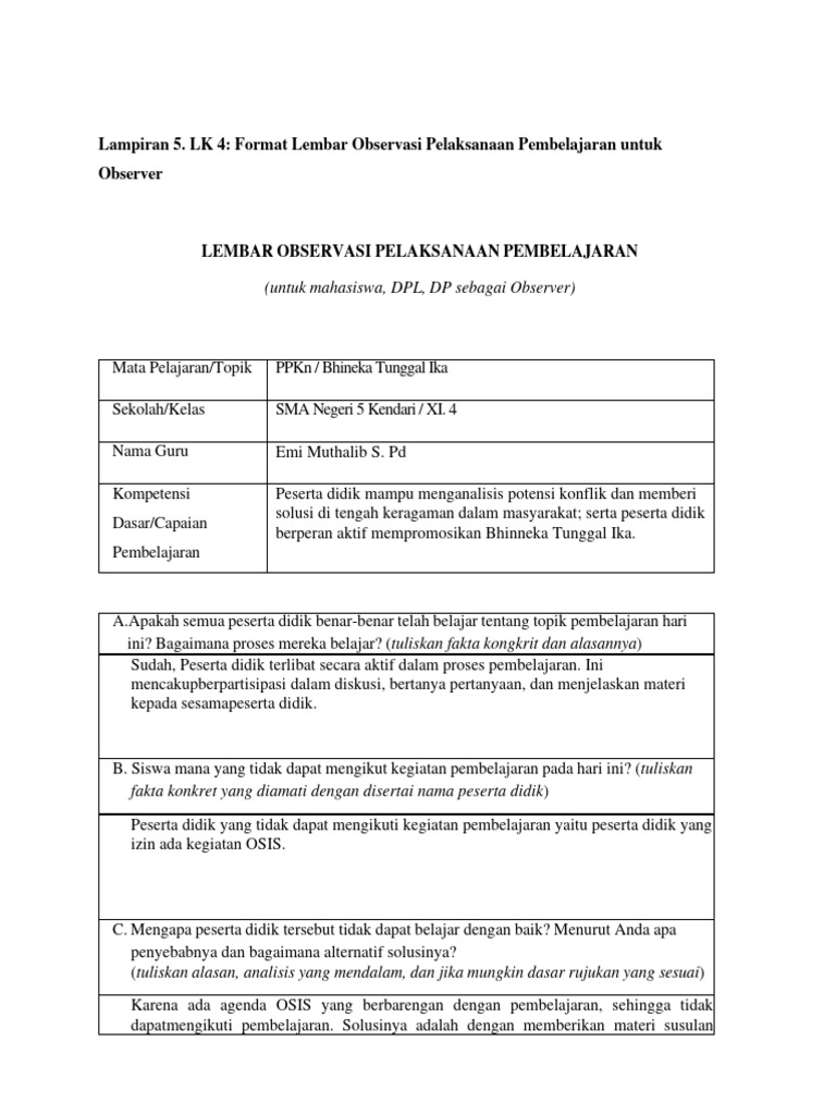 Baru-Lampiran 5. LK 4 Format Lembar Observasi Pelaksanaan Pembelajaran Untuk Observer | PDF