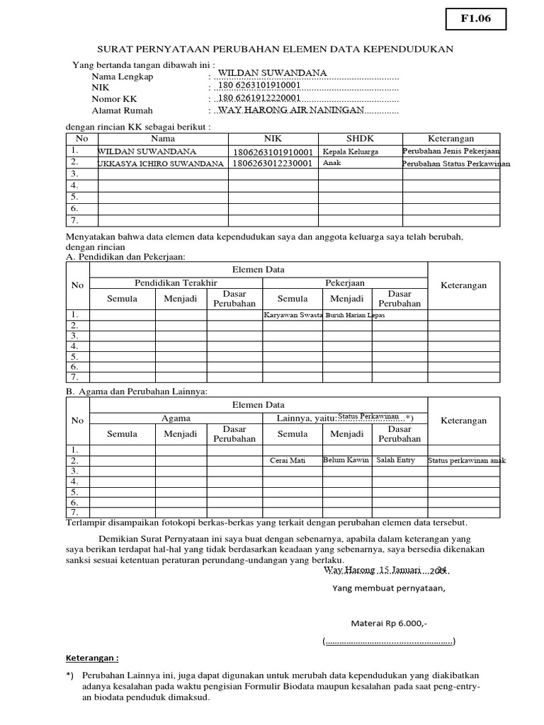 F-1.06-FORM-SURAT-PERNYATAAN-PERUBAHAN-DATA | PDF