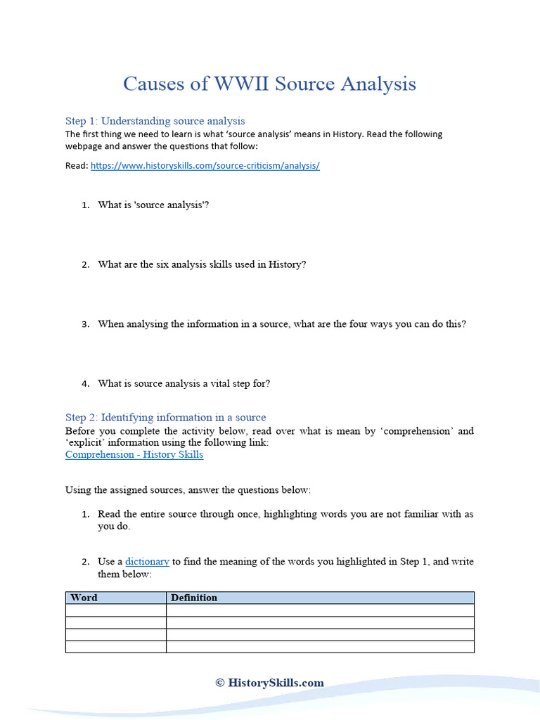 Causes of WWII Source Analysis Worksheet | PDF