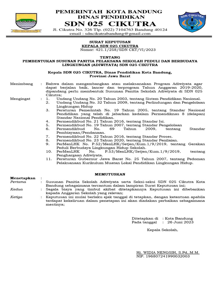 SK Panitia Adiwiyata SDN 025 Cikutra | PDF