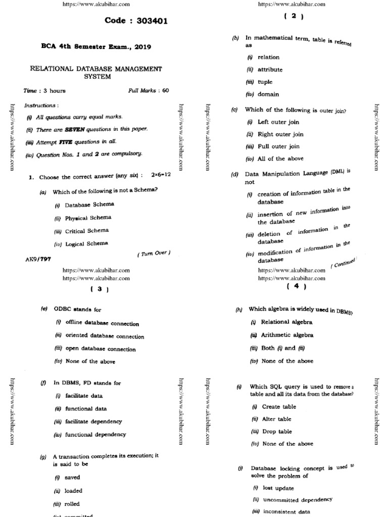 Bca 4 Sem Relational Data Base Management System 303401 2019 | PDF