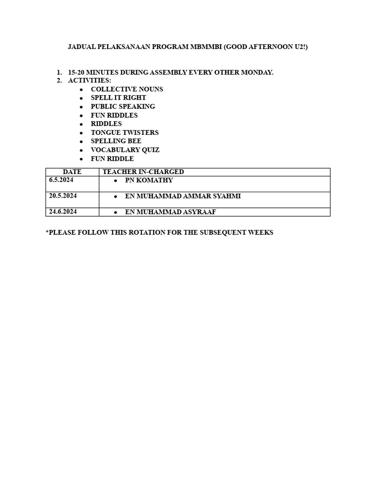 Jadual Pelaksanaan Program Mbmmbi 2024 | PDF