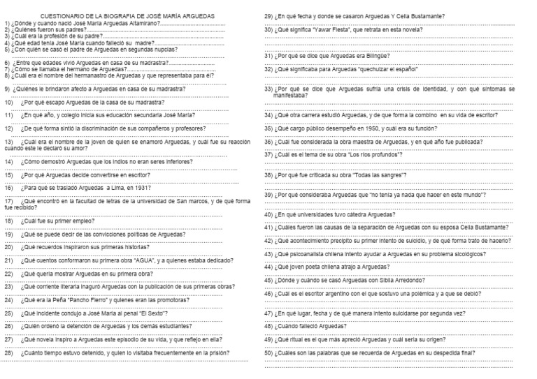 CUESTIONARIO DE LA BIOGRAFIA DE JOSÉ MARÍA ARGUEDAS 2024 | PDF
