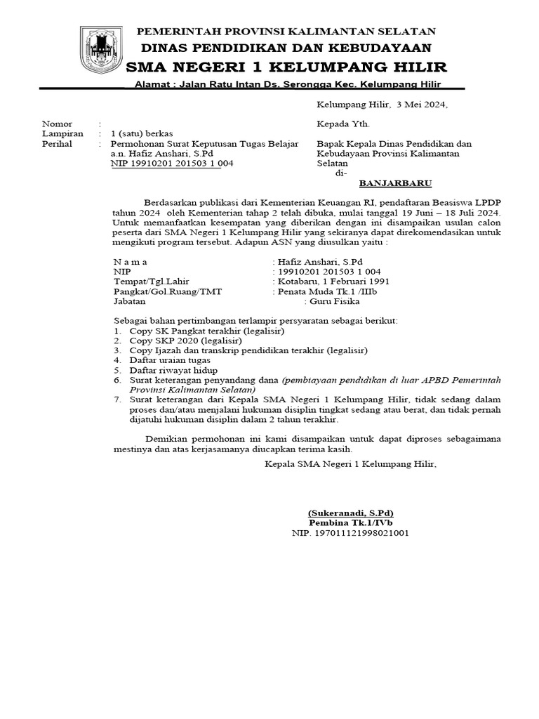 Surat Pengantar SK Tugas Belajar Dari Kepsek Ke Kadin 2024 | PDF