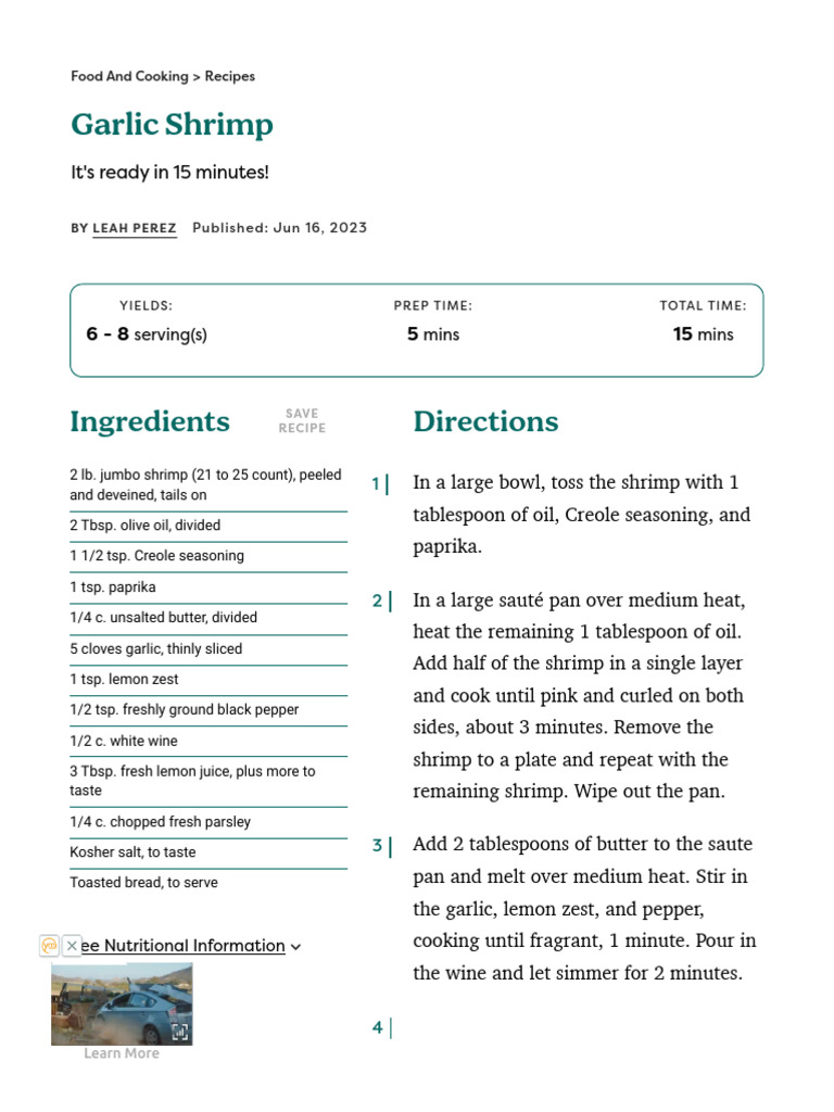 Garlic Shrimp Recipe - How To Make Garlic Shrimp | PDF | Garlic | Tablespoon