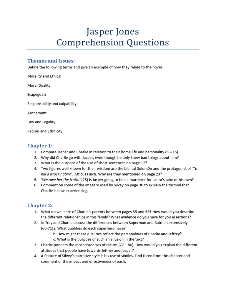 Jasper Jones Comprehension Questions | PDF | Mystery, Thriller & Crime ...
