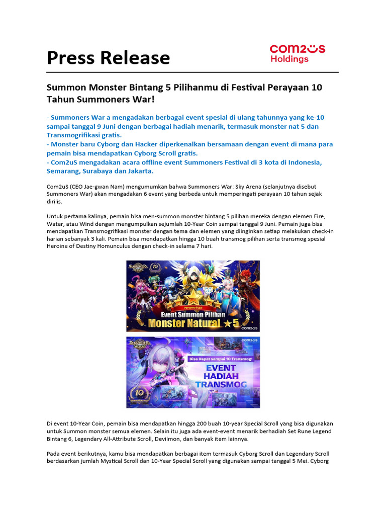 Summon Monster Bintang 5 Pilihanmu Di Festival Perayaan 10 Tahun Summoners War | PDF | Olahraga ...