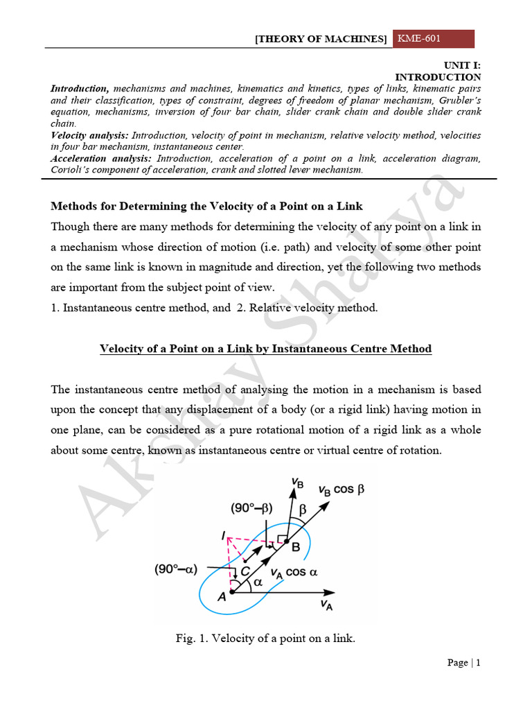 UNIT-I TOM PART II | PDF | Kinematics | Velocity
