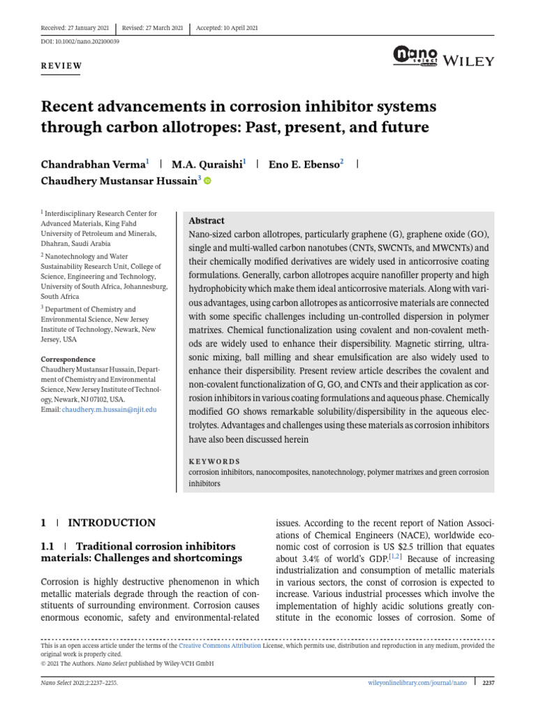Nano Select - 2021 - Verma - Recent Advancements in Corrosion Inhibitor Systems Through Carbon ...