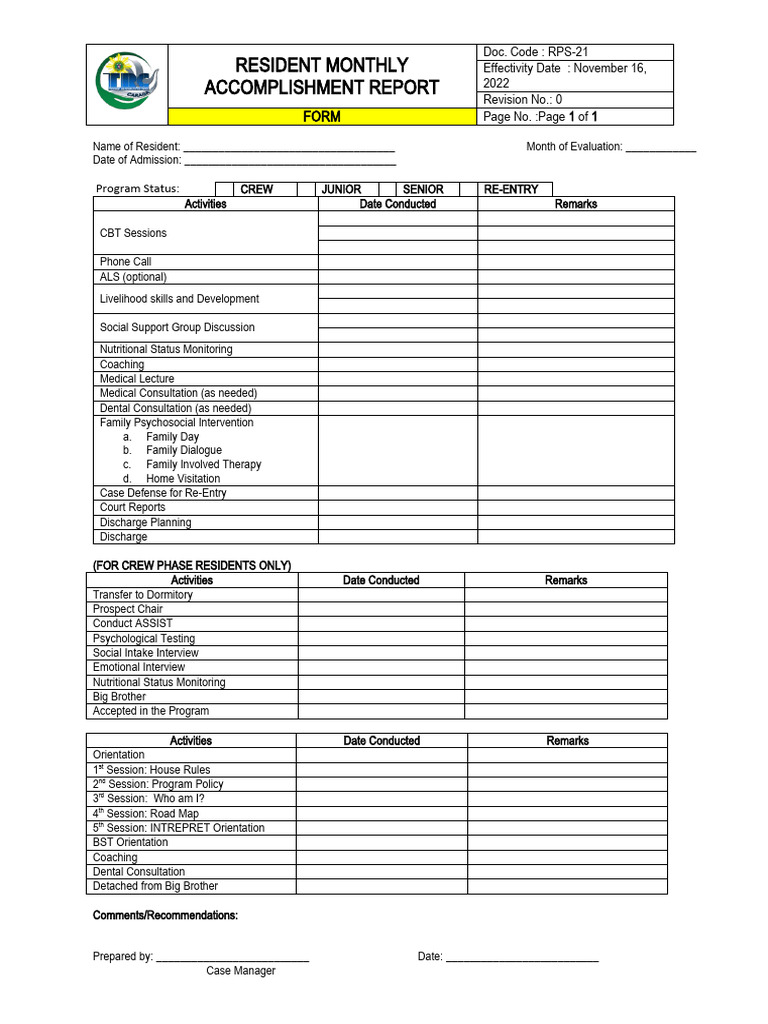 Resident Progress Evaluation | PDF | Finance & Money Management