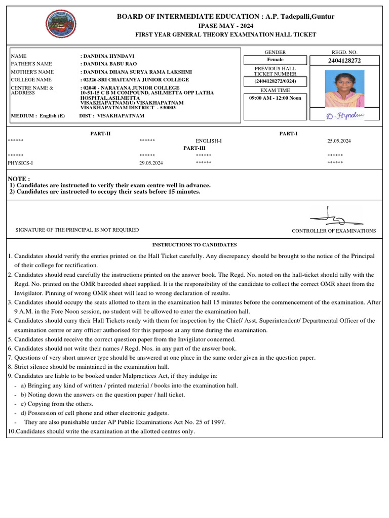 Board of Intermediate Education: A.P. Tadepalli, Guntur: Ipase May - 2024 | PDF