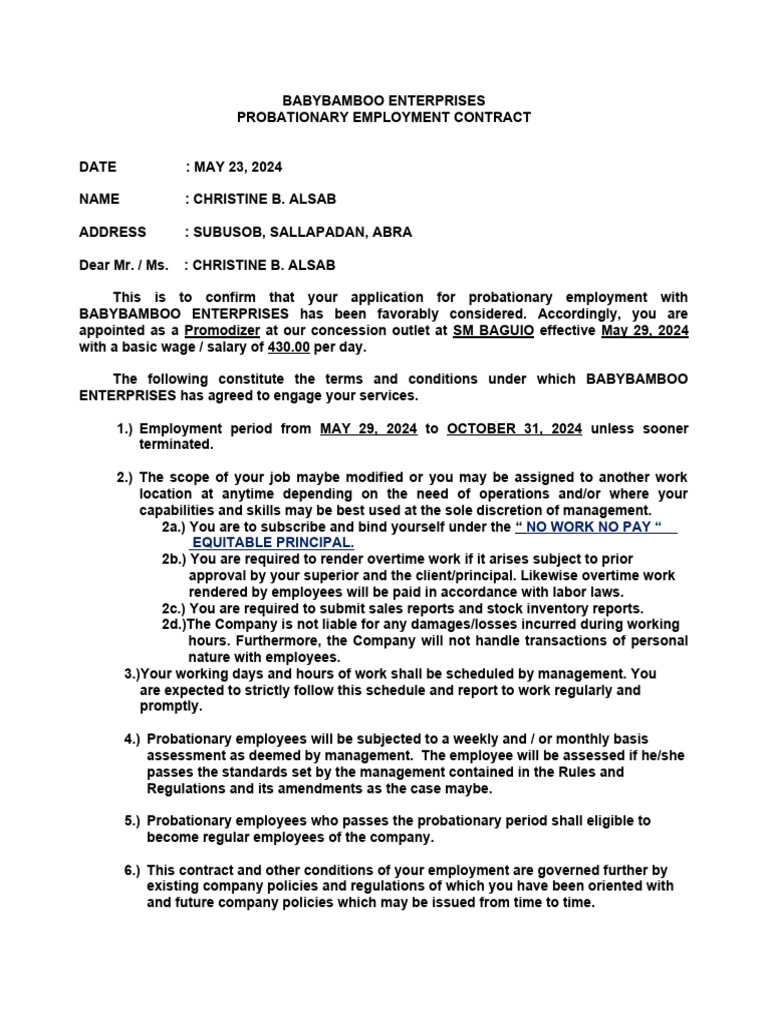 Probationary Contract BAGUIO | PDF | Employment | Overtime