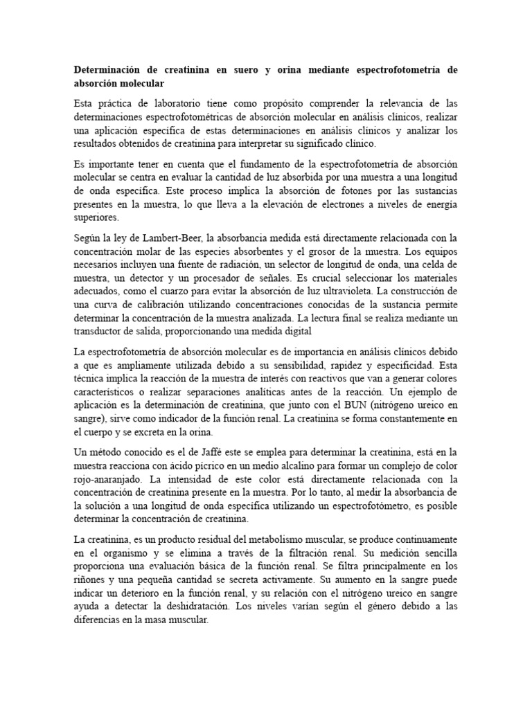 Determinación De Creatinina En Suero Y Orina Mediante