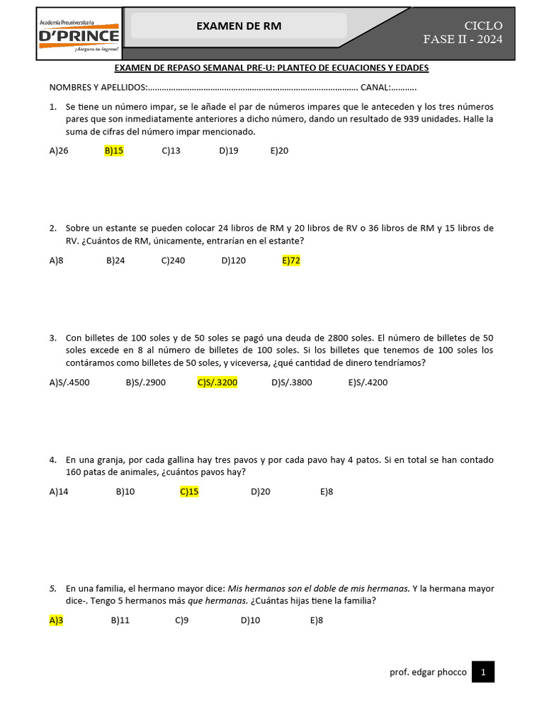 Examen de Repaso Semanal Pre U RM Plateo de Ecuaciones | PDF