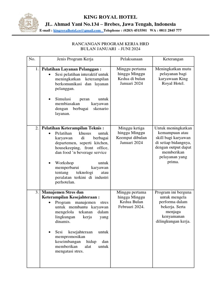 rancangan program kerja HRD Januari - Juni 2024 | PDF