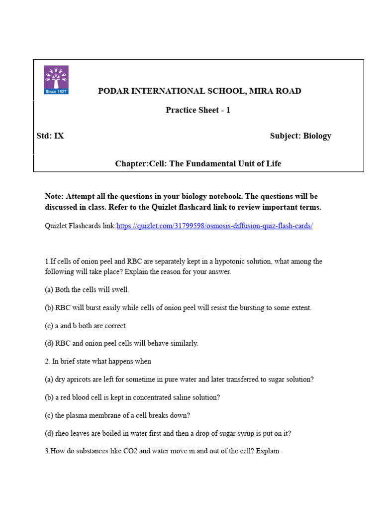 Cell - Practice Sheet - 1 | PDF | Osmosis | Water