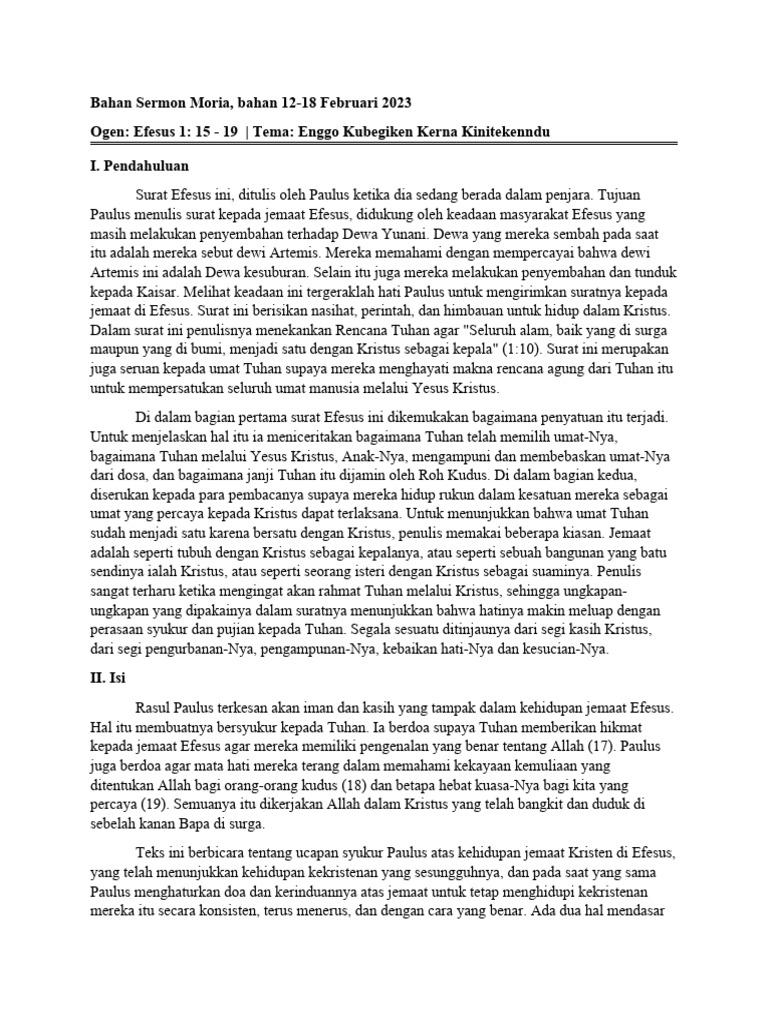 Bahan Sermon Moria - 12 Februari 2023 - Efesus 1 15 - 19 | PDF | Agama & Spiritualitas
