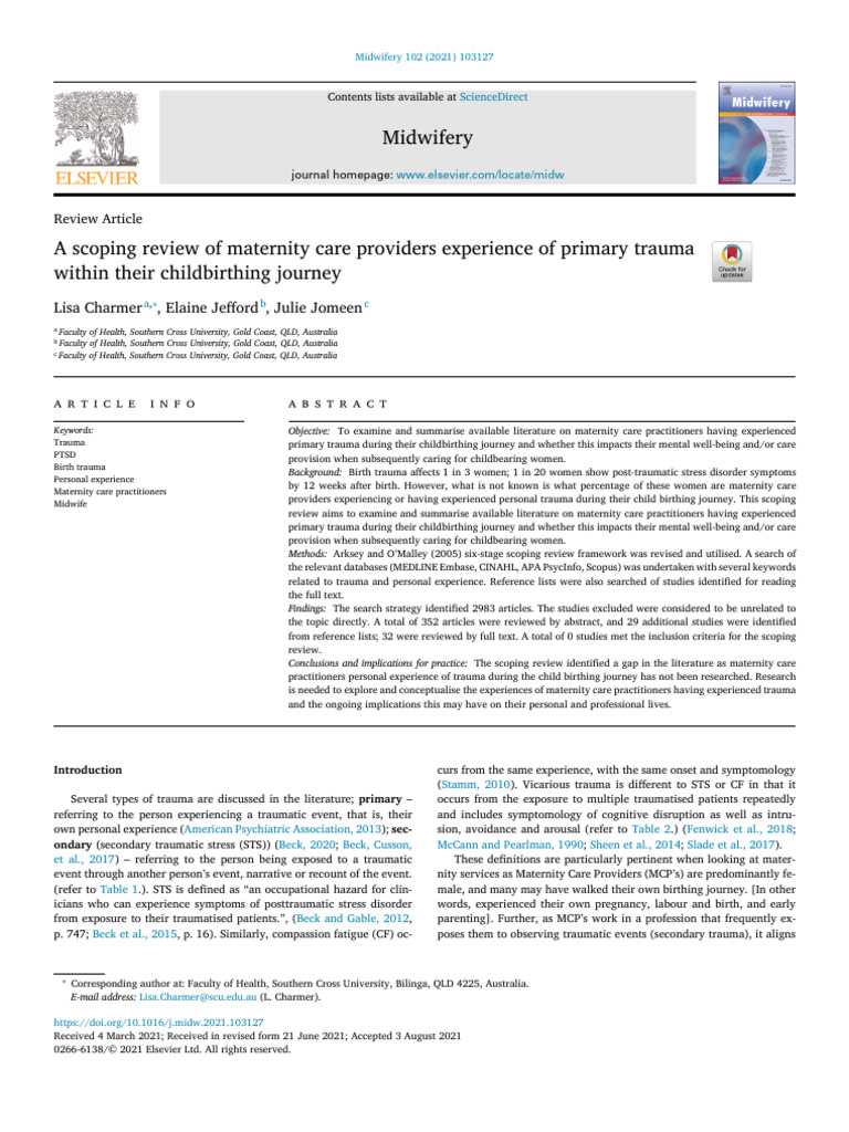 A Scoping Review of Maternity Care Providers Experience of Primar ...