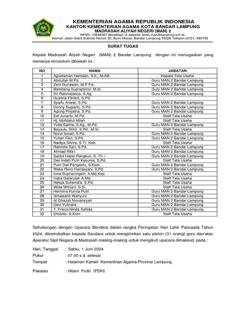 Surat Tugas Petugas 1 juni | PDF