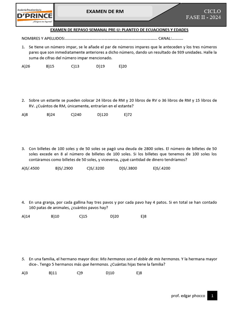 Examen de Repaso Semanal Pre U RM Plateo de Ecuaciones Sin Claves | PDF