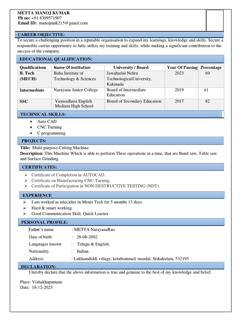 Manoj MECH Resume - WORD | PDF | Career & Growth