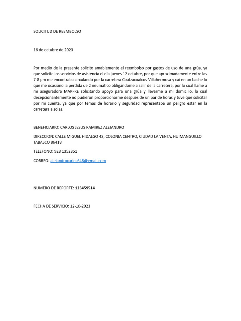 Solicitud De Reembolso Pdf