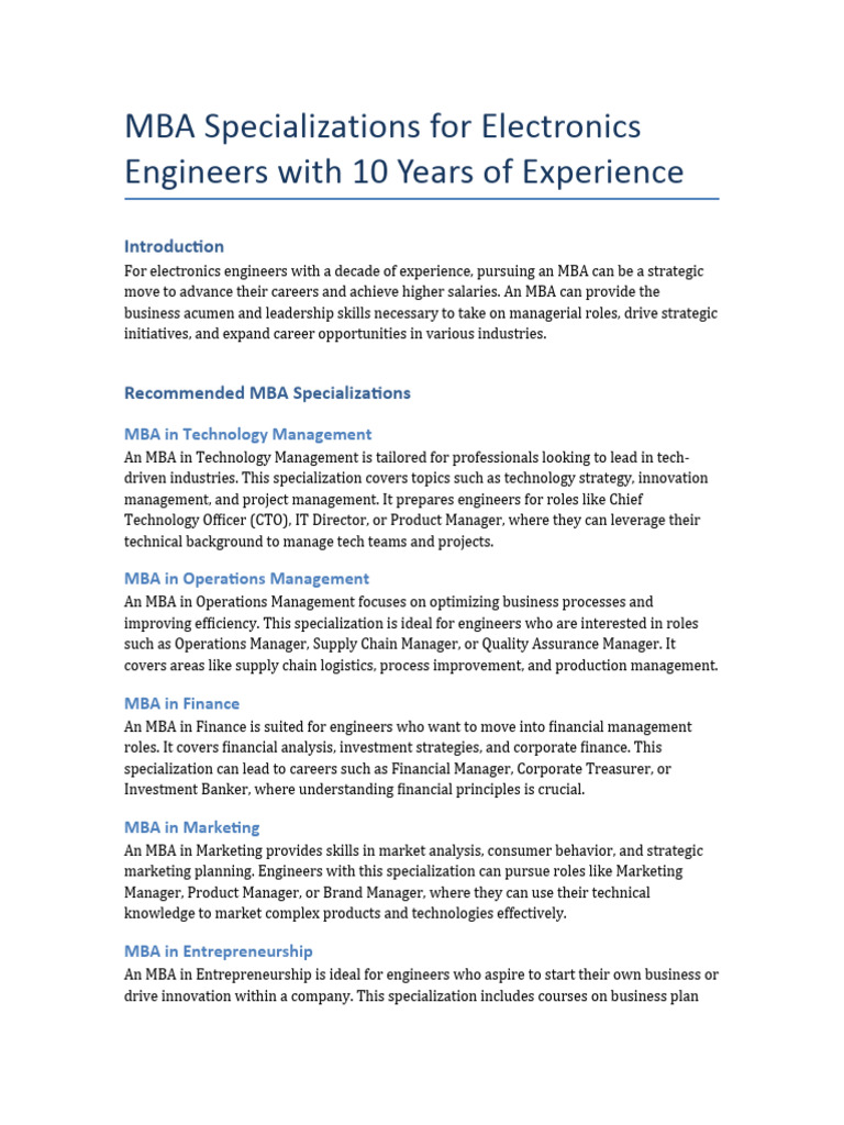 MBA Specializations For Electronics Engineers | PDF | Master Of Business Administration | Marketing