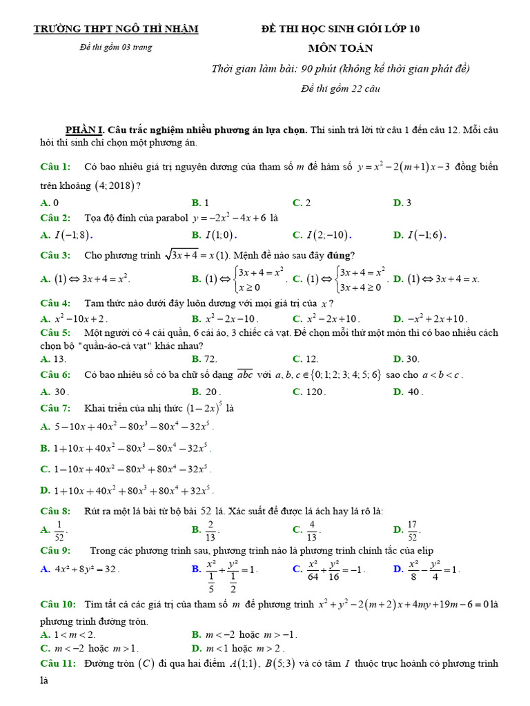 De Hoc Sinh Gioi Toan 10 Nam 2023 2024 Truong THPT Ngo Thi Nham Ninh Binh | PDF