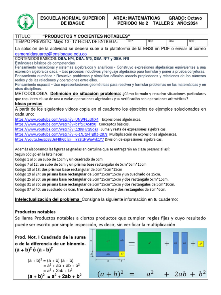 Taller 2 Productos y Cocientes Notables. IIP 8º | PDF | Fórmula ...