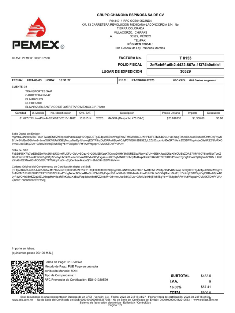 Factura de Gasolina Pemex 2024 | PDF