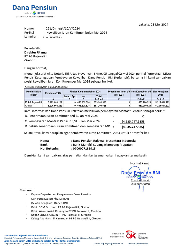 Surat Tagihan Iuran Komitmen PT PG Rajawali Ii Mei 2024 | PDF