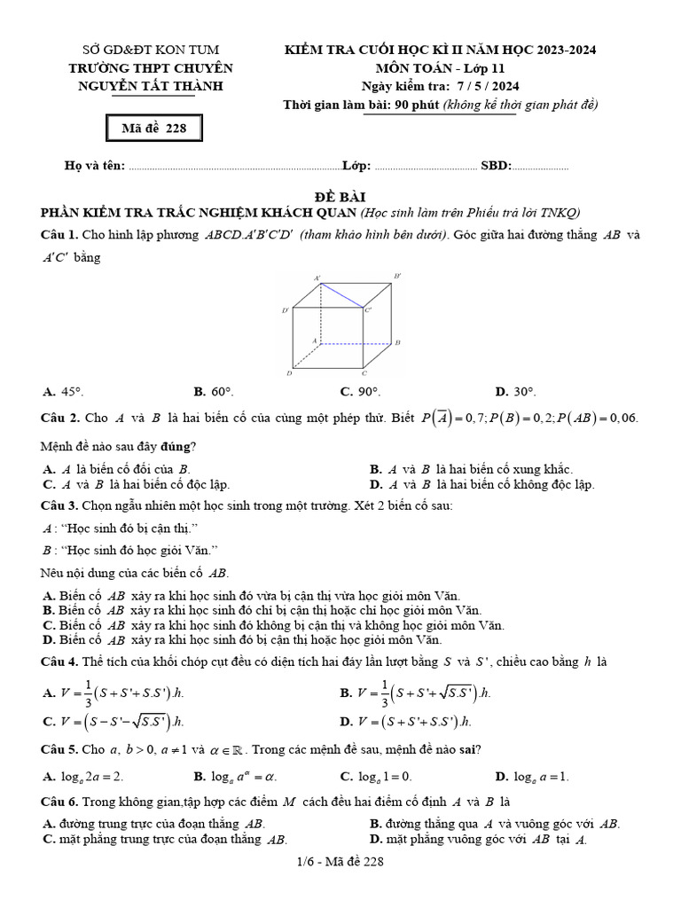 De Cuoi Ki 2 Toan 11 Nam 2023 2024 Truong Chuyen Nguyen Tat Thanh Kon ...