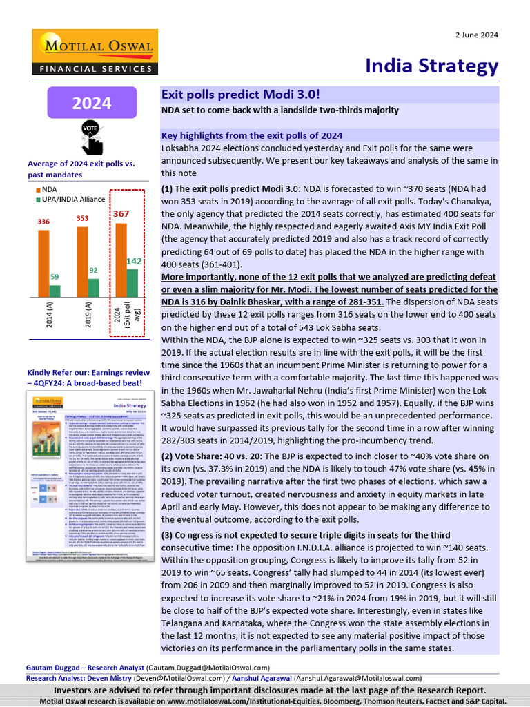 Strategy Exit - Poll - 20240602 Mosl Su PG008 | PDF | Bharatiya Janata Party | Narendra Modi