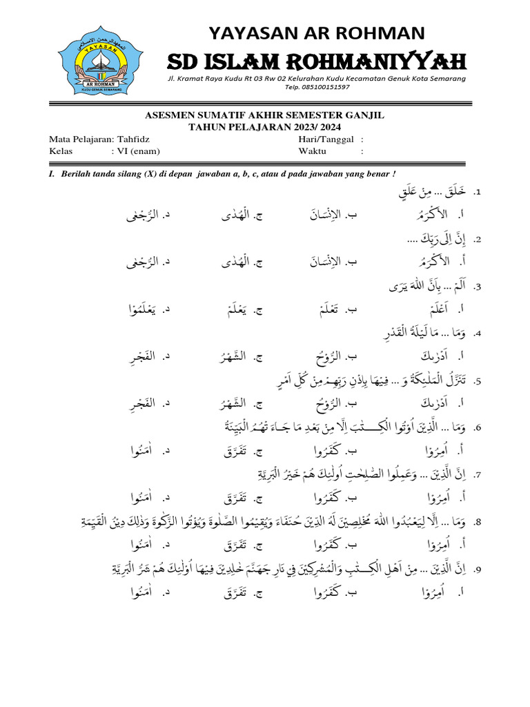 Soal Tahfidz UAS Kelas 6 2023-2024 | PDF