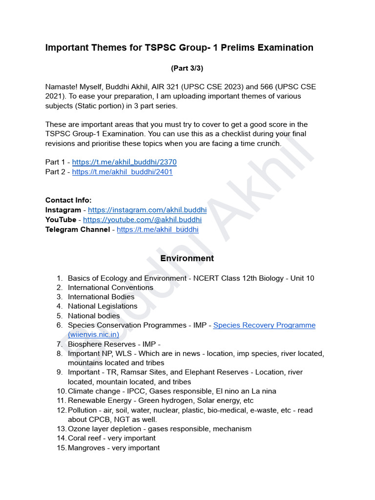 Important Themes For TSPSC Group 1 Prelims Examination 3 3 | PDF | Nature