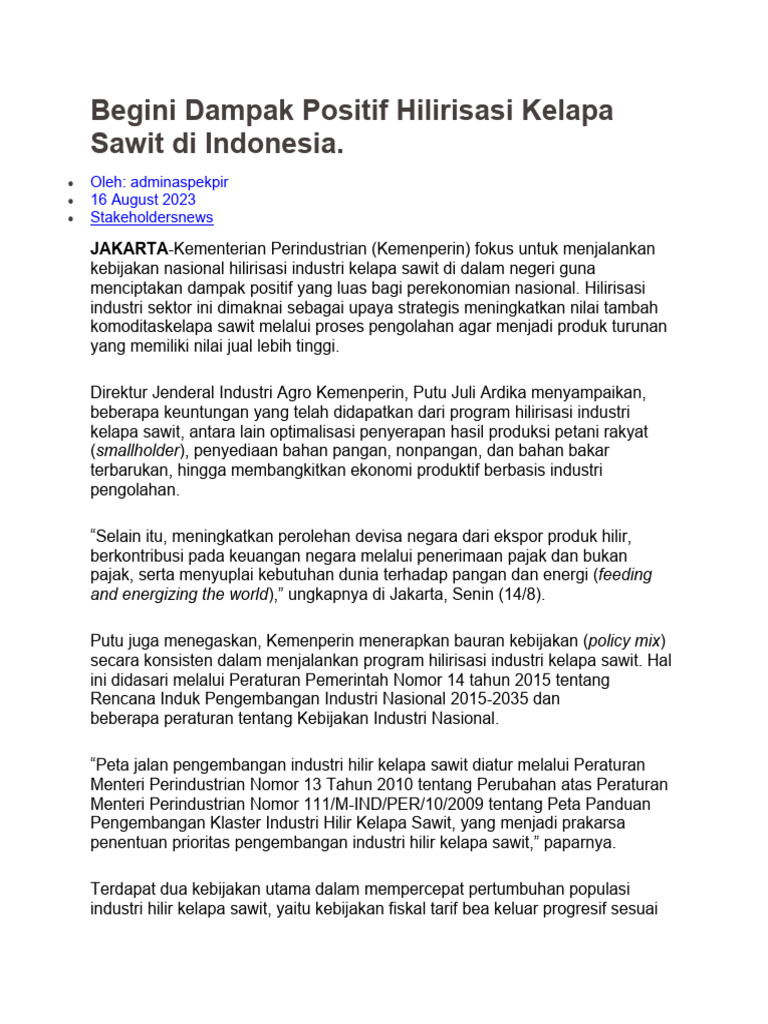 Begini Dampak Positif Hilirisasi Kelapa Sawit Di Indonesia | PDF