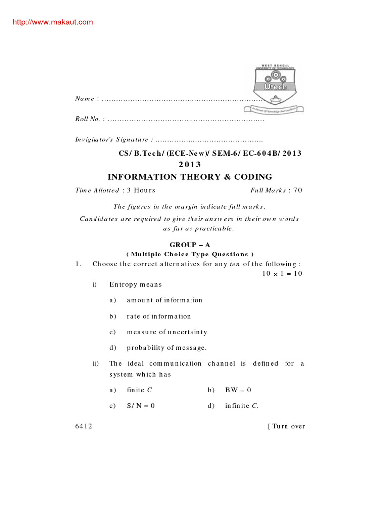Btech Ece 6 Sem Information Theory and Coding 2013 | PDF | Theoretical ...