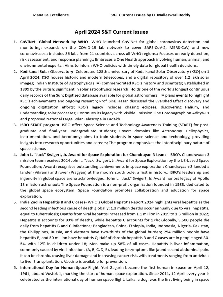 April 2024 S&T Current Affairs | PDF | Tuberculosis | Space Debris