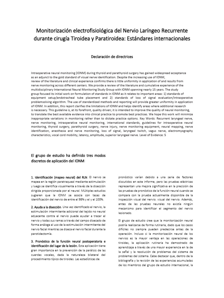1 Monitorización Electrofisiológica Del Nervio Laríngeo Recurrente (Estándares Internacionales ...
