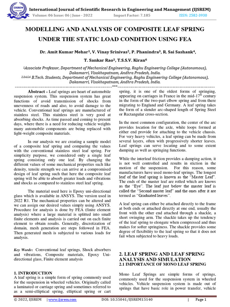 Modelling and Analysis of Composite Leaf Spring Under The Static Load Condition Using Fea | PDF ...