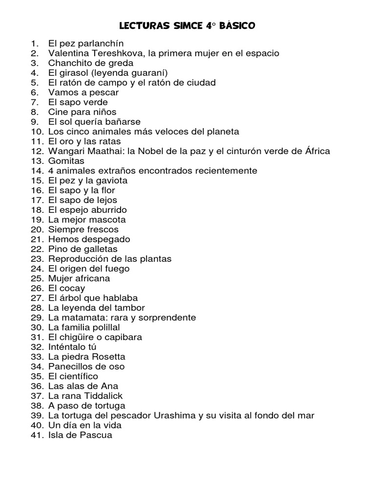 Listado LECTURAS SIMCE 4° | PDF