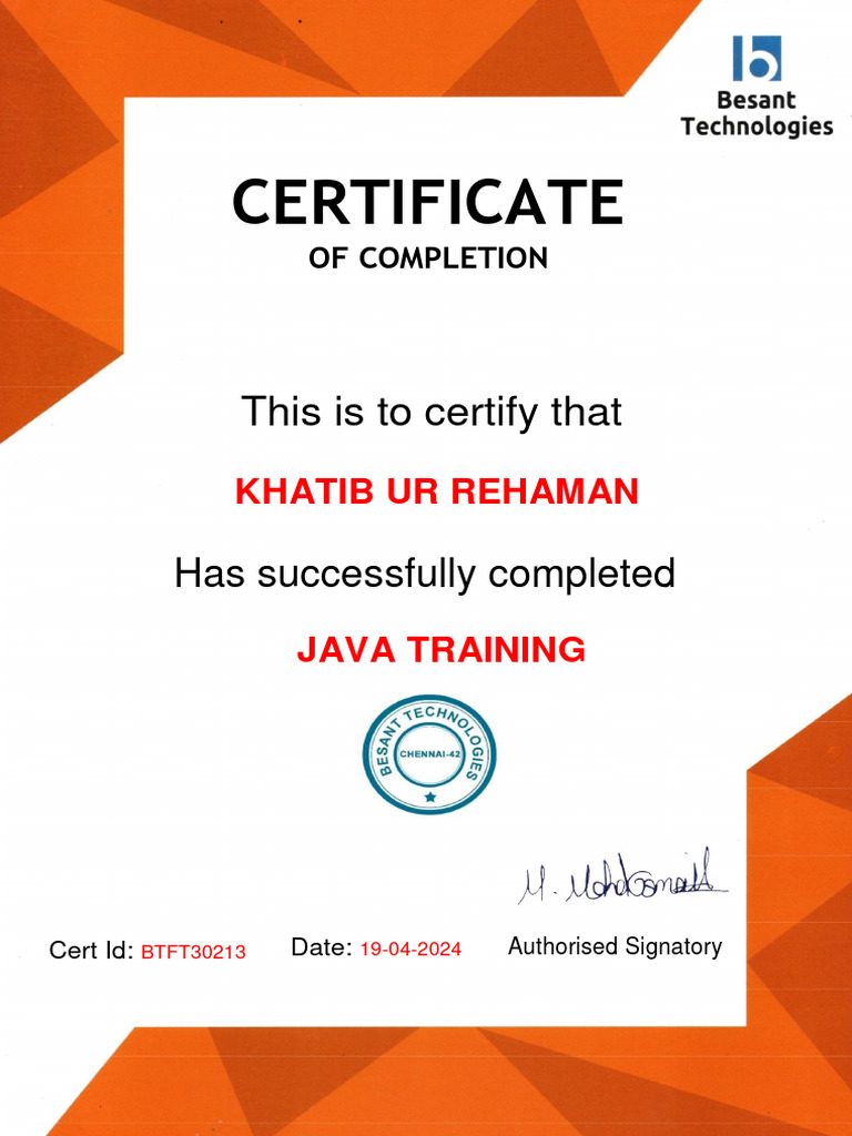 Java Training Completion Certificate | PDF