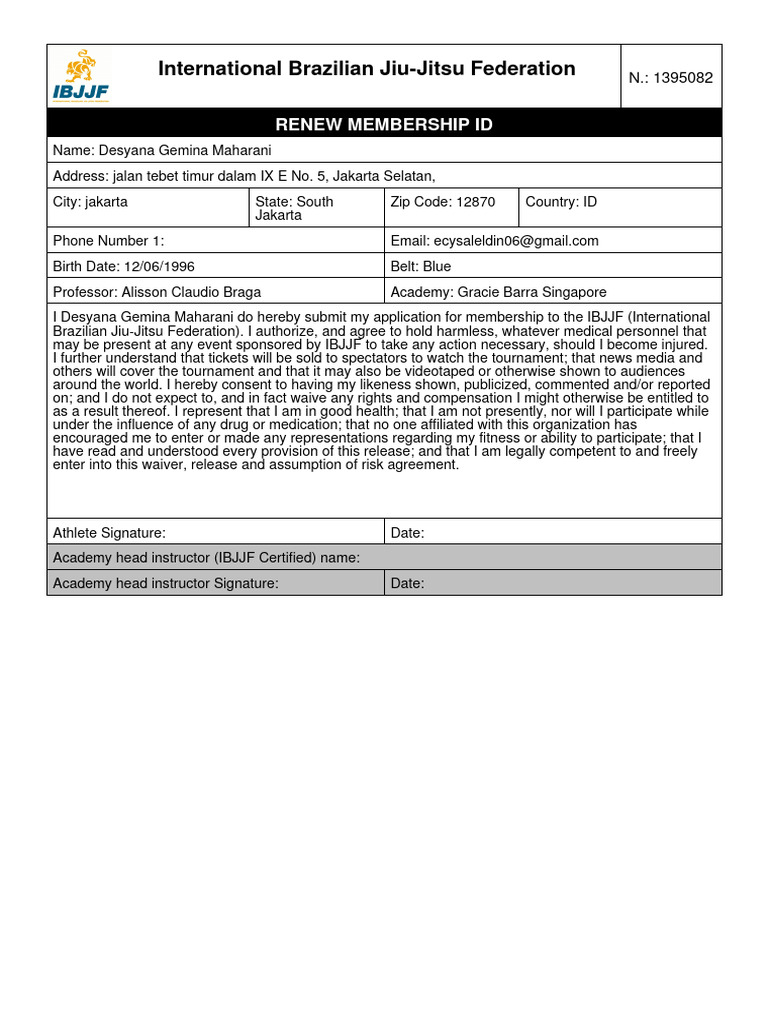 IBJJF Membership Application for Desyana | PDF | Sports & Recreation