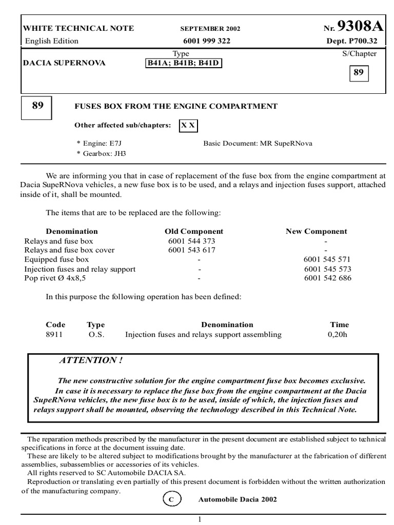 Dacia SupeRNova Engine Fuse Box Guide | PDF | Manufactured Goods | Vehicles