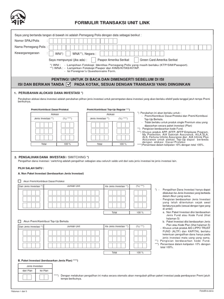 Formulir Transaksi Unit Link 0816 | PDF