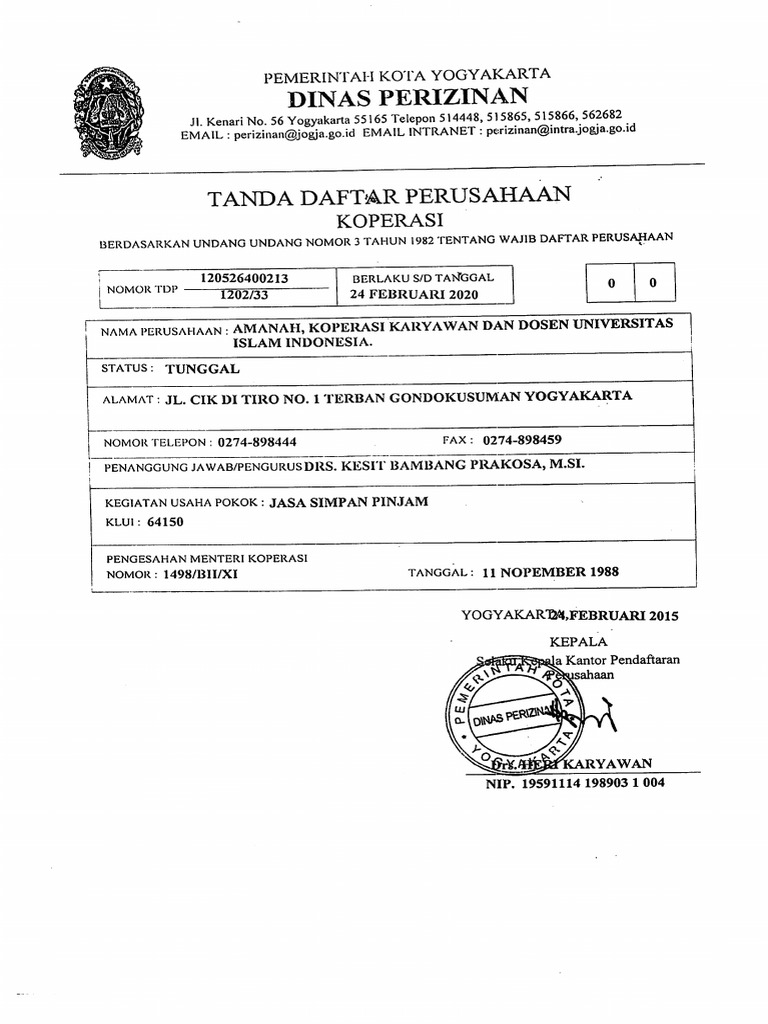 Tanda Daftar Perusahaan Koperasi | PDF
