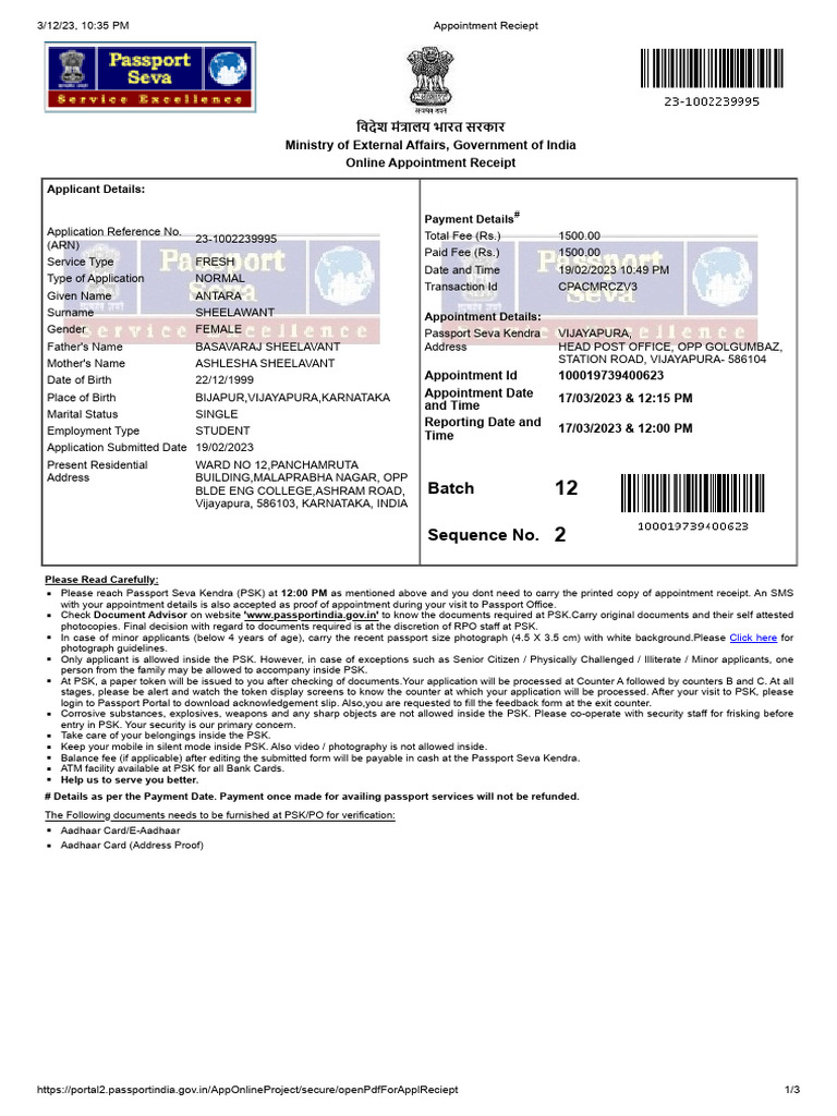 Appointment Reciept | PDF | Identity Document | Birth Certificate