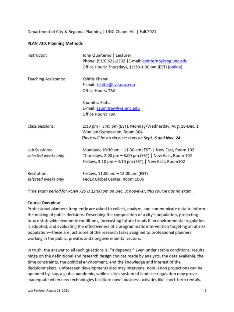 Syllabus_plan 720 Planning Methods | Download Free PDF | Statistics | Regression Analysis